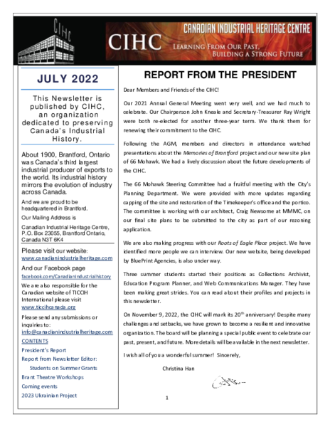Newsletters :: Canadian Industrial Heritage Centre (CIHC)